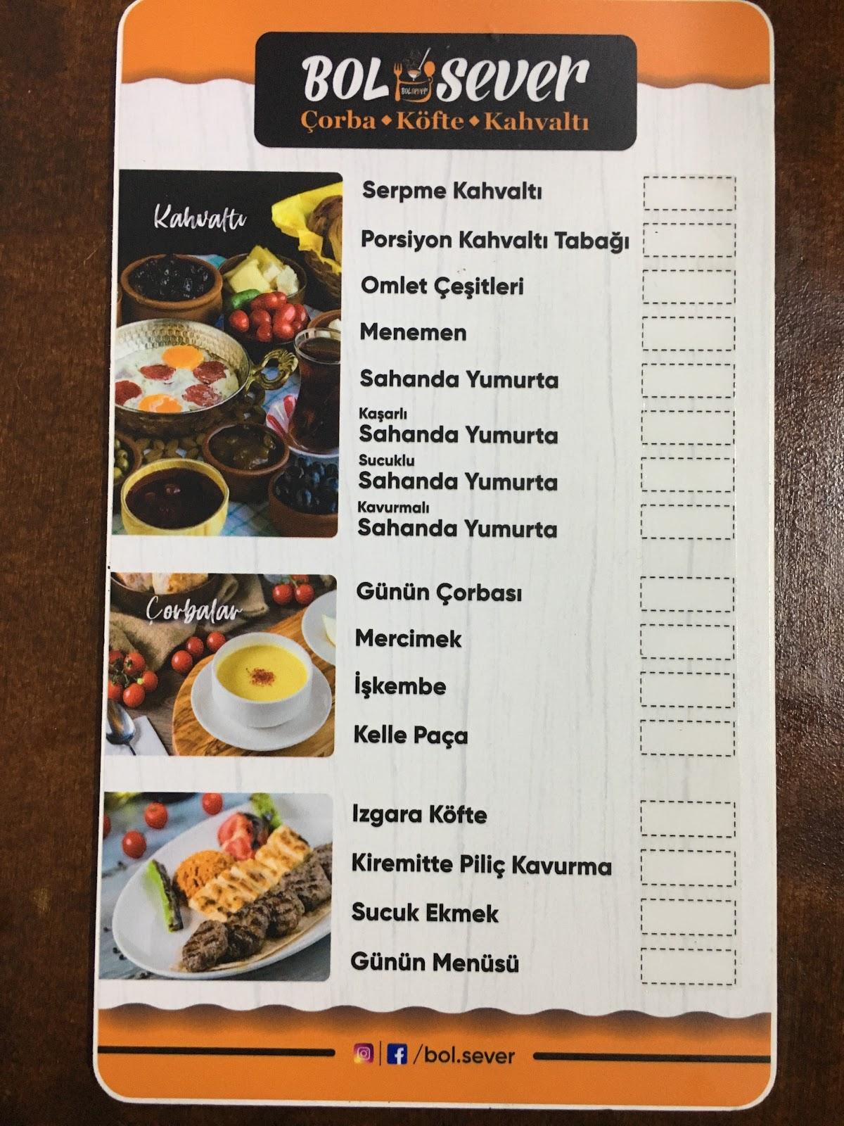 Menu at Bol Sever, Bolu