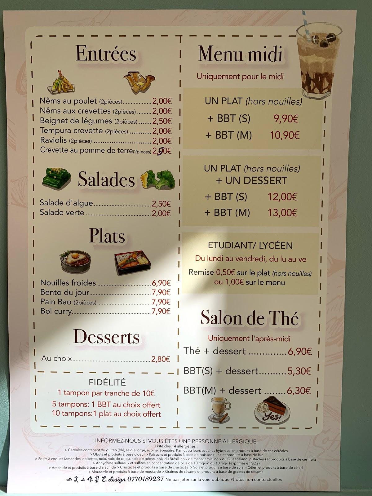 Menu at Camélia Thé restaurant, Valenciennes