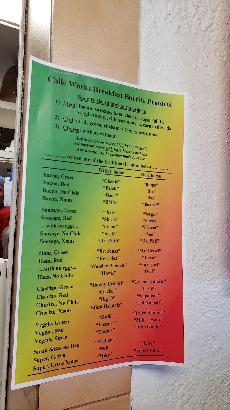 Menu at Chili Works restaurant, Los Alamos, Trinity Dr