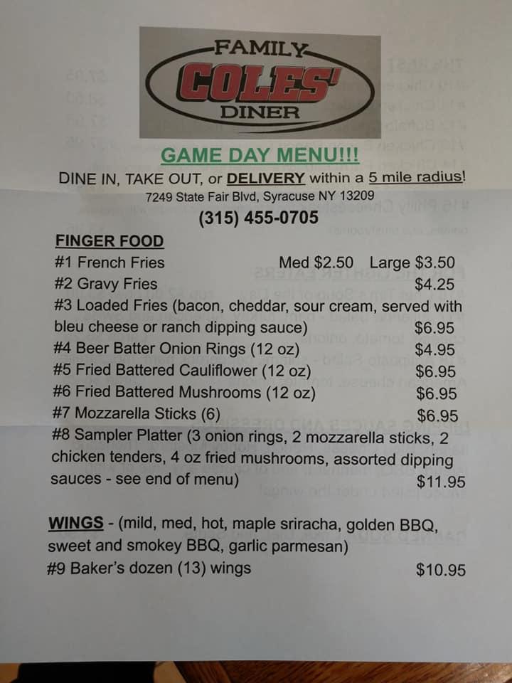 Menu at Coles' Family Diner restaurant, Seneca Falls
