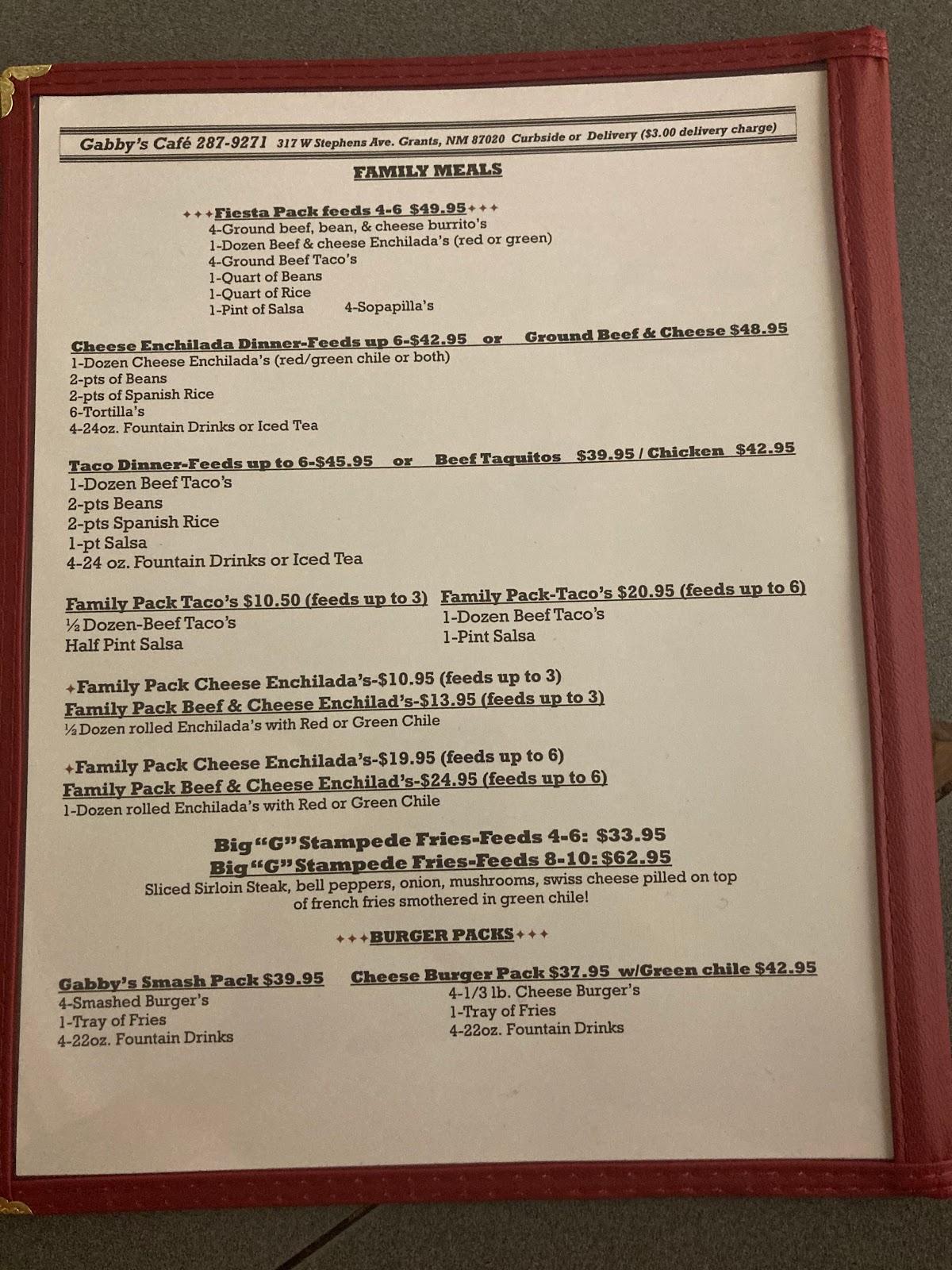 Menu at Gabby’s Brunched (formally Gabby's Cafe), Grants