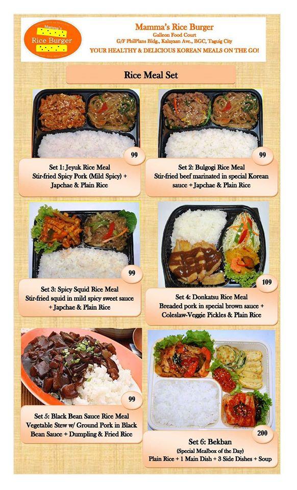Menu at Mamma's Rice Burger & Mealbox restaurant, Taguig