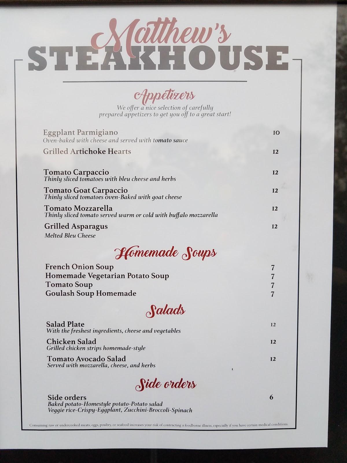 Menu at Matthew's Steakhouse, Winter Garden