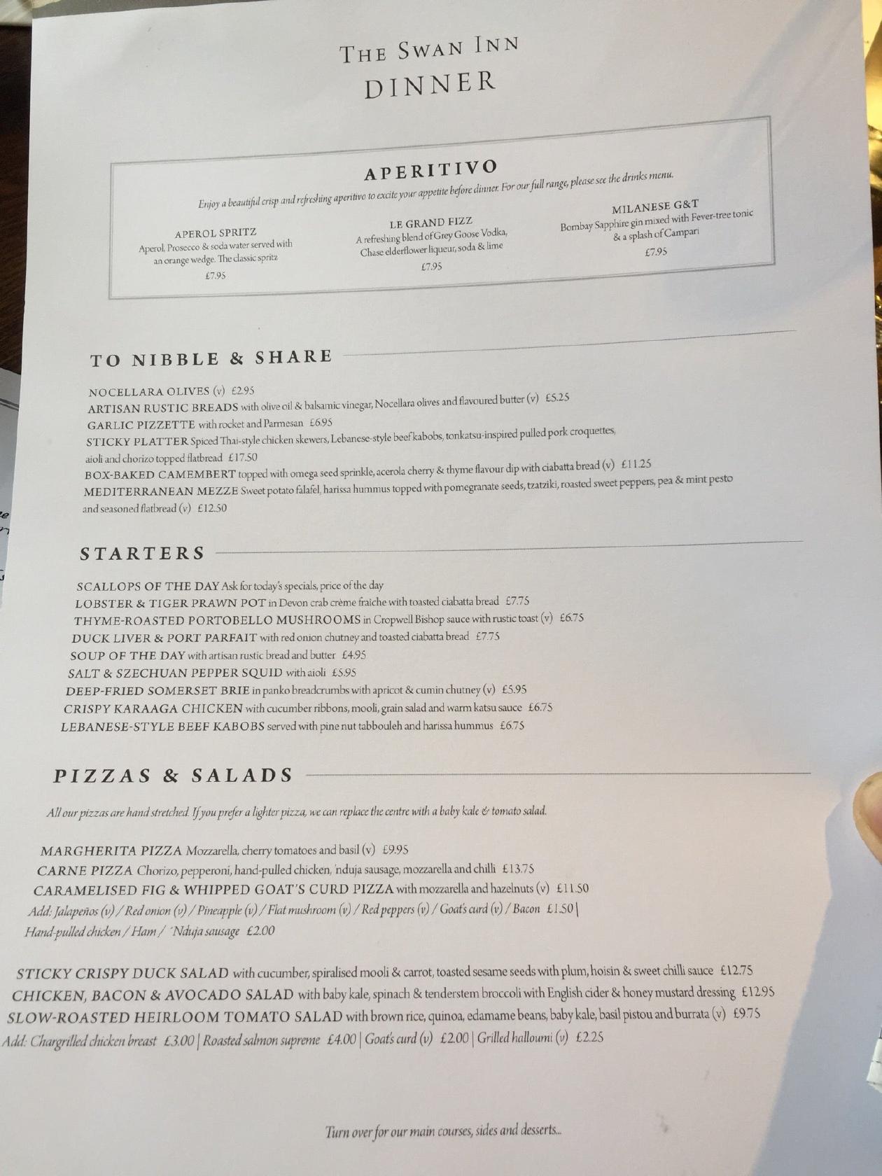 Menu at Swan Inn Broadway pub & bar, Broadway