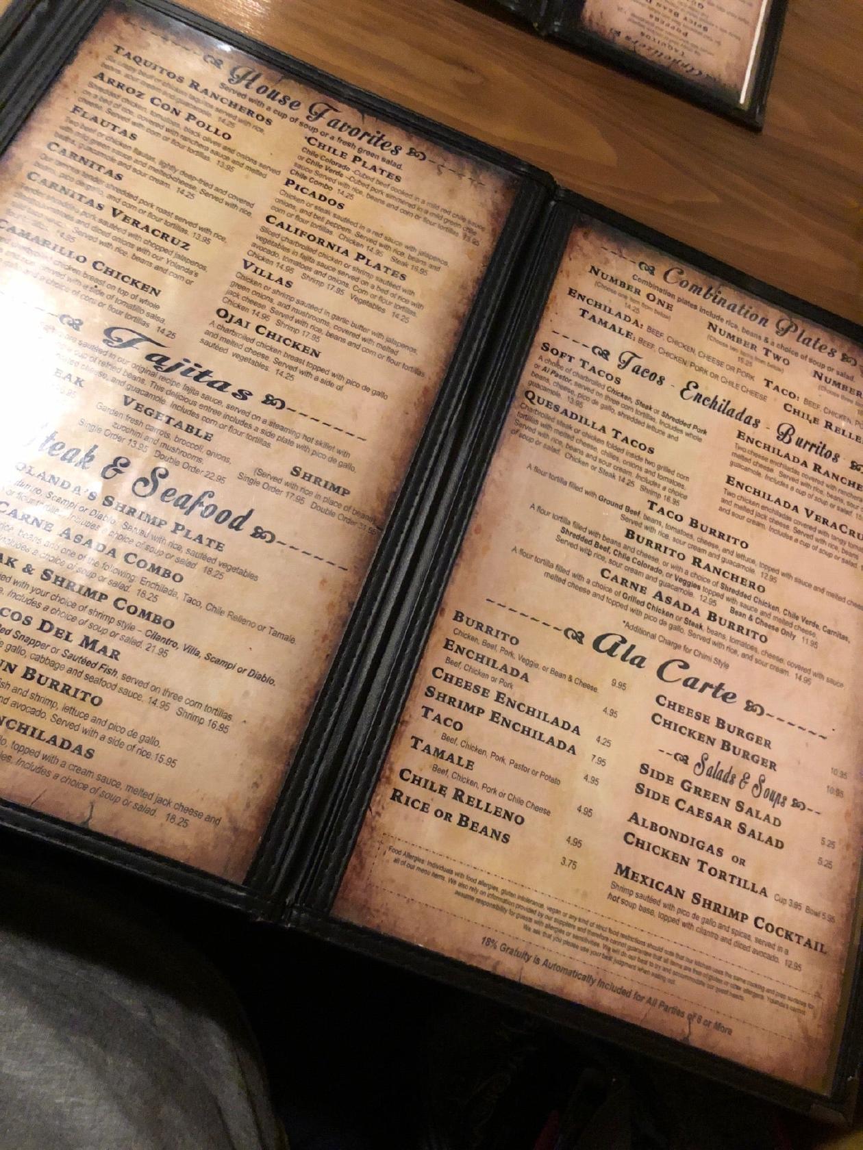 Menu at Yolanda's Mexican Café restaurant, Ventura, E Main St