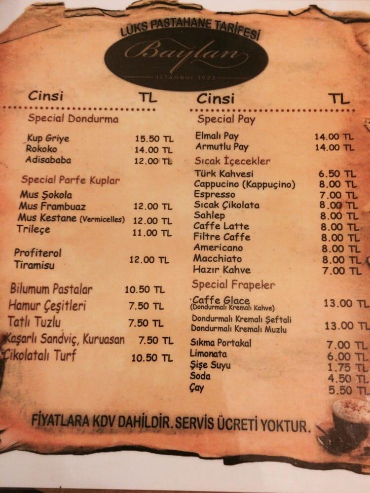 Menu at Baylan, Istanbul, Muvakkithane Caddesi No: 9/A