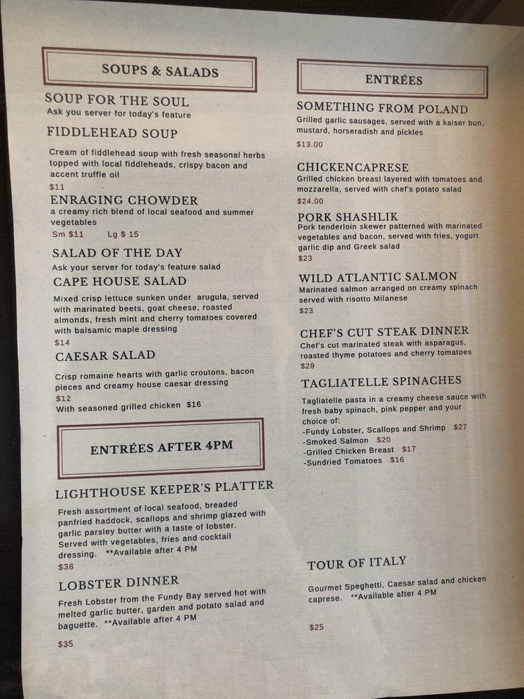Menu at Cape House Restaurant, Canada, 650 Cape Enrage Rd