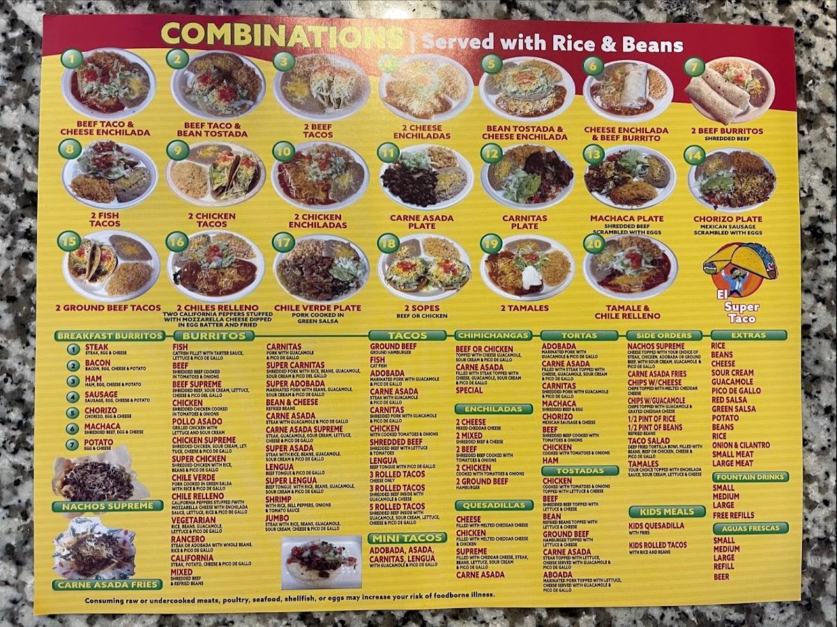 Menu at El Super Taco restaurant, Fountain