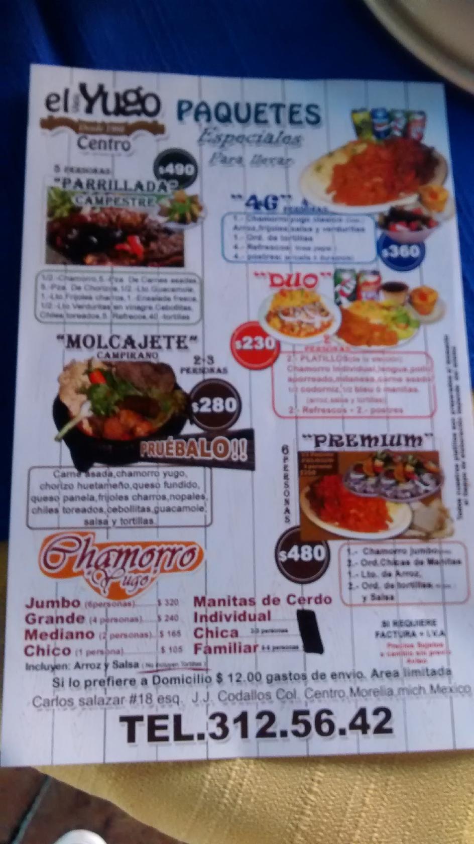 Carta del restaurante El Yugo, Morelia, Carlos Salazar 18