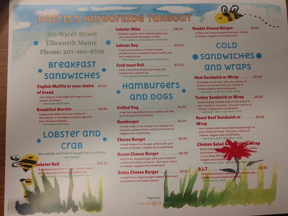 Menu at Harris's Harborside Takeout restaurant, Ellsworth