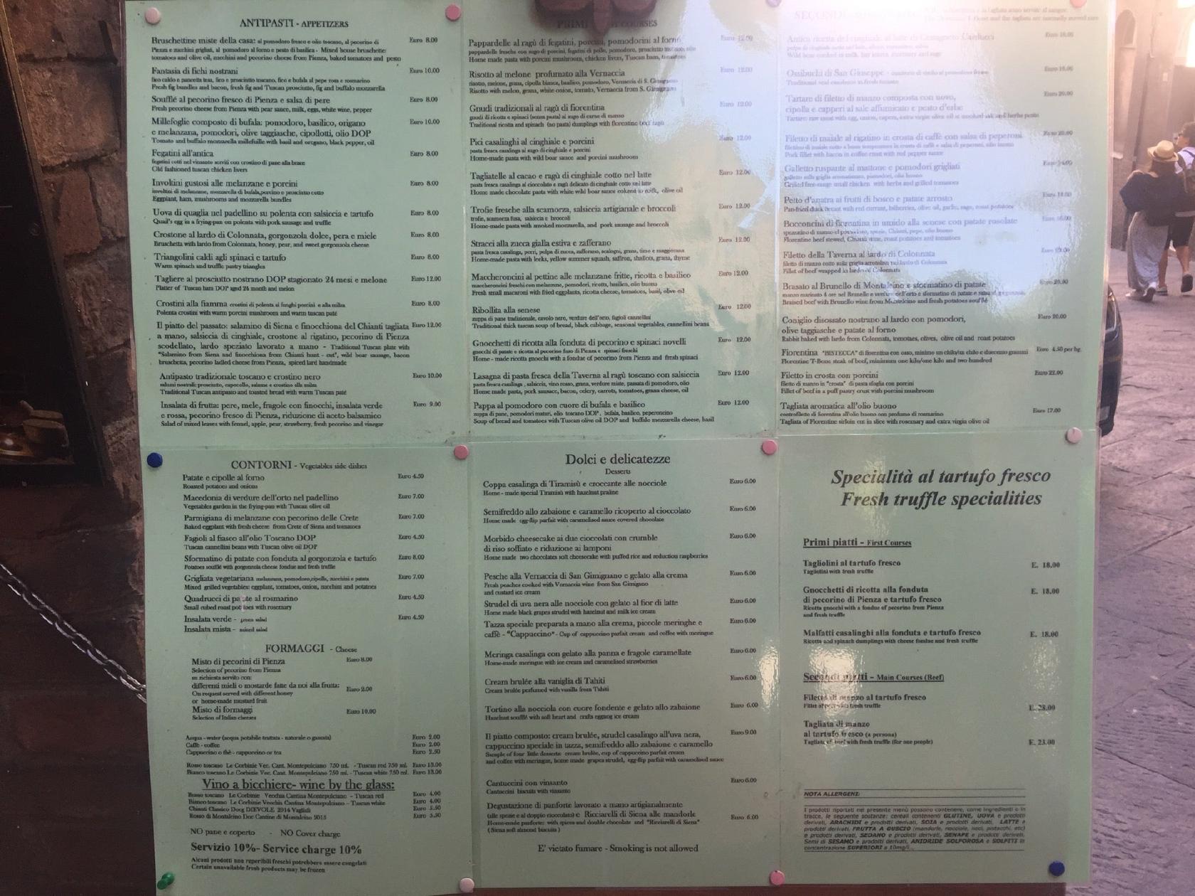 Menu at La Taverna di San Giuseppe restaurant, Siena