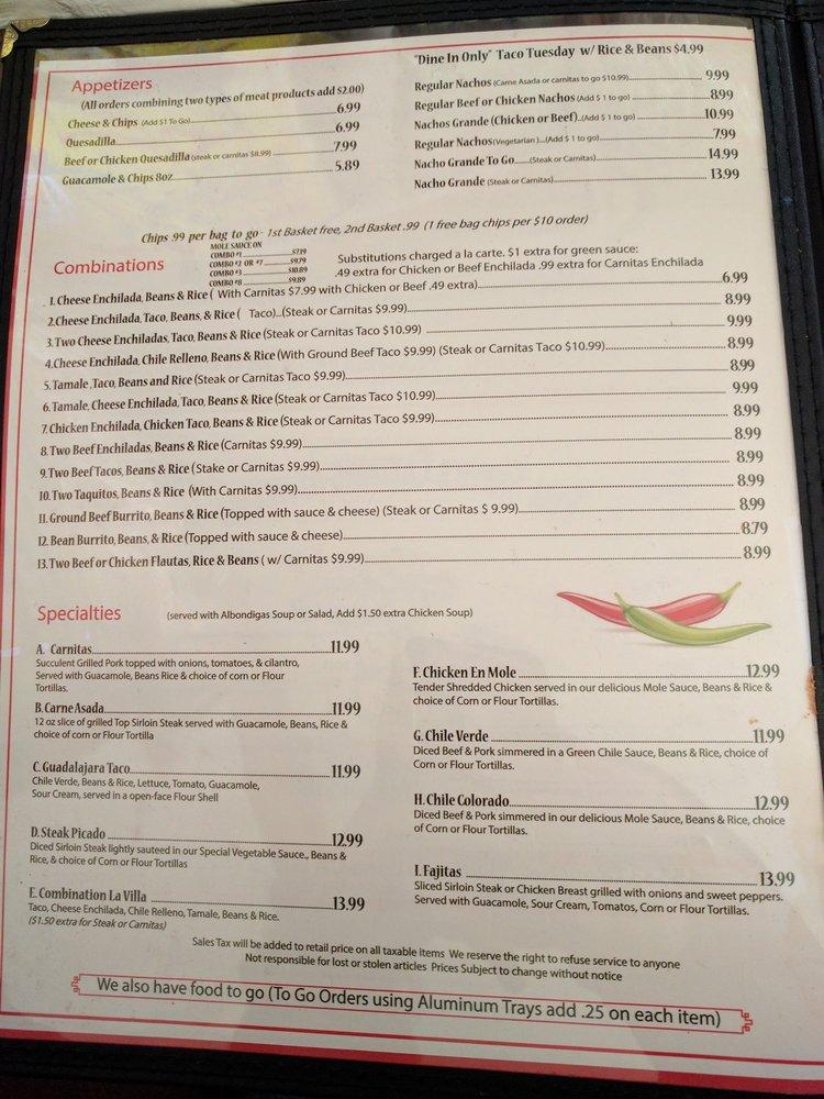 Menu at La Villa Mexican Food restaurant, Gardena, Crenshaw Blvd