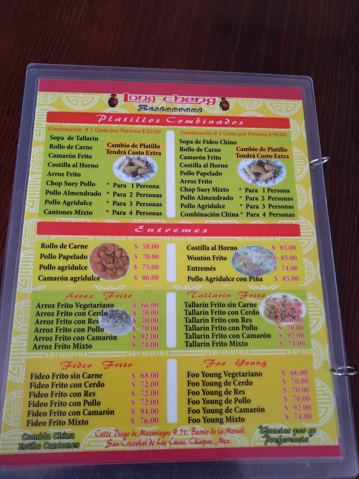 Menu at Long Cheng restaurant, San Cristóbal de las Casas, Calle Diego ...