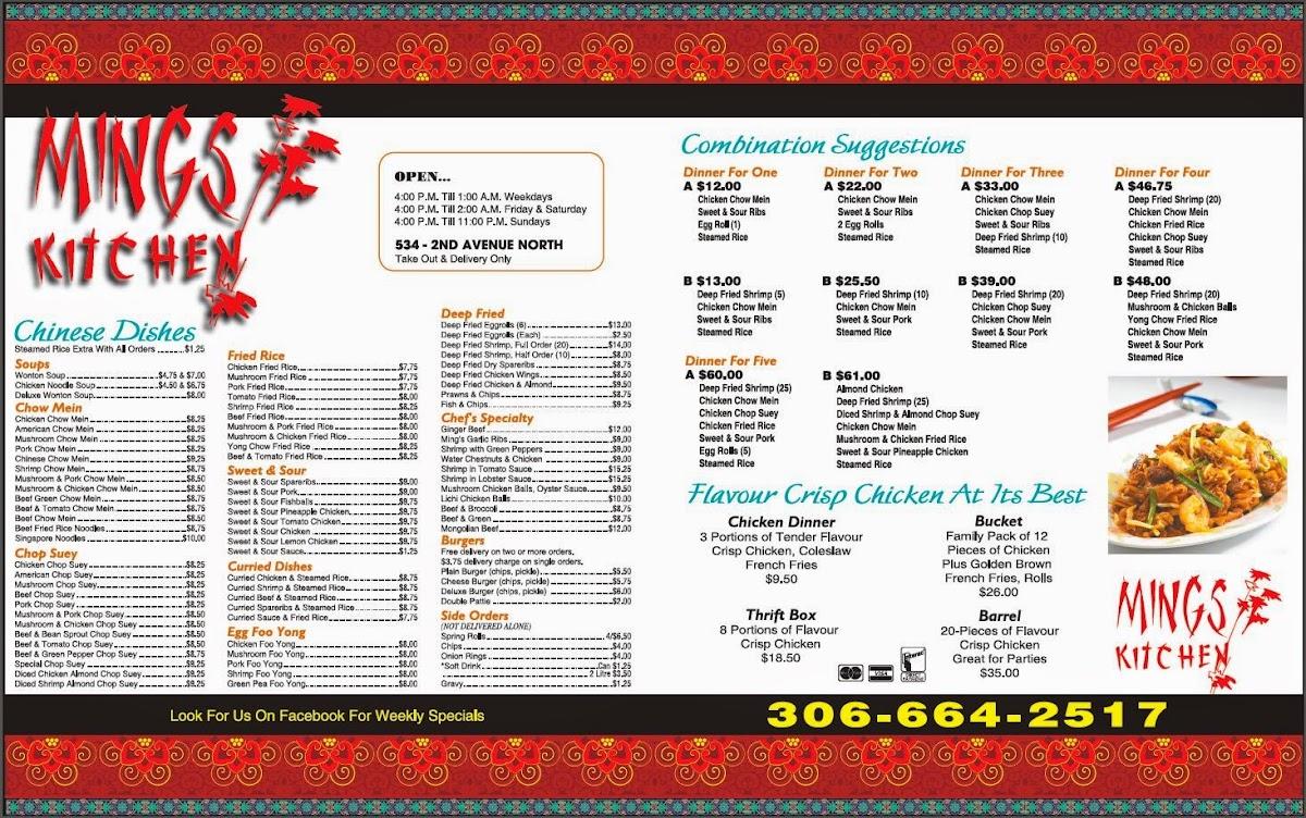 Menu at Ming's Kitchen restaurant, Saskatoon