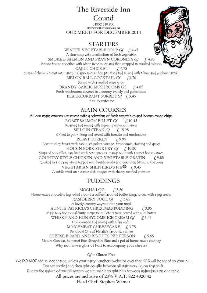 Menu at Riverside Inn pub & bar, Cound, Cound