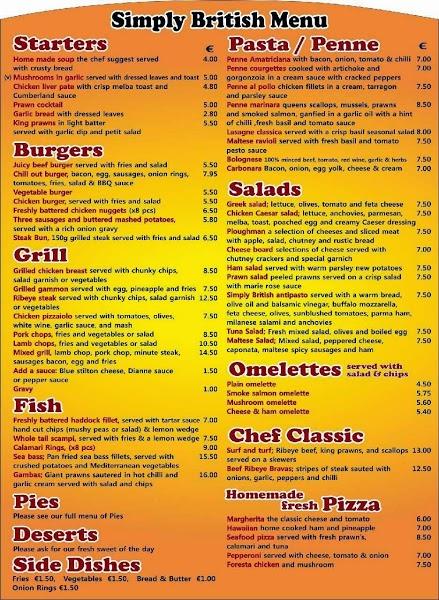 Menu at Simply British restaurant, Saint Paul's Bay, Tourist Street
