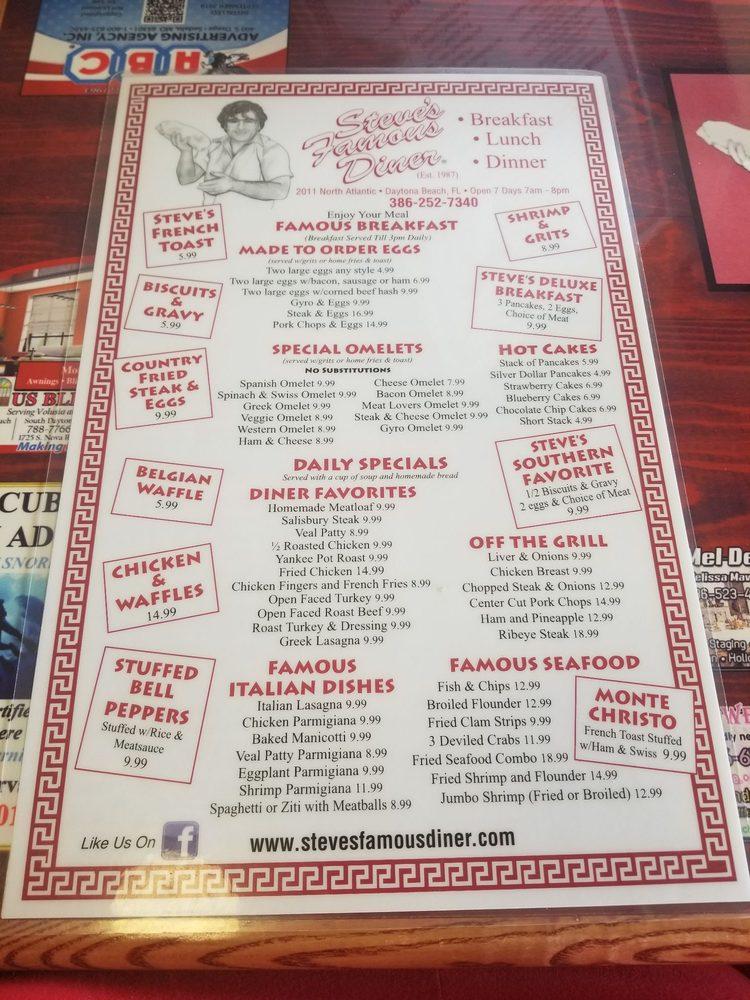 Menu at Steve's Famous Diner restaurant, Daytona Beach, N Atlantic Ave