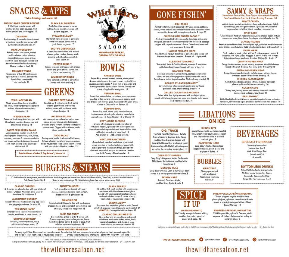 Menu at The Wild Hare Saloon OC pub & bar, Oregon City