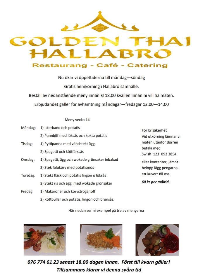 Menu at Golden Thai Hallabro restaurant, Sweden