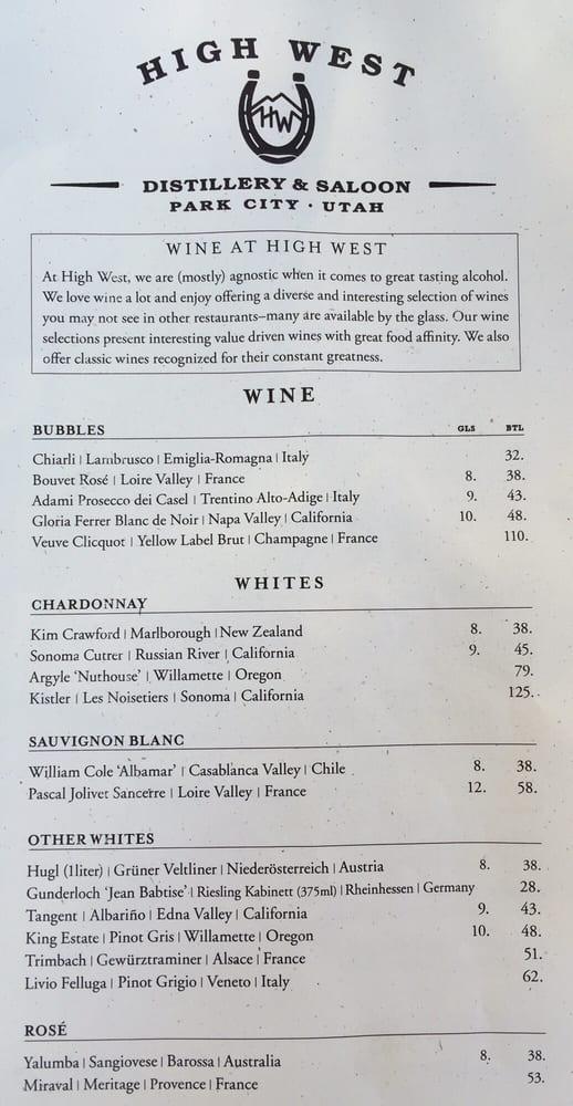 Menu at High West Saloon pub & bar, Park City