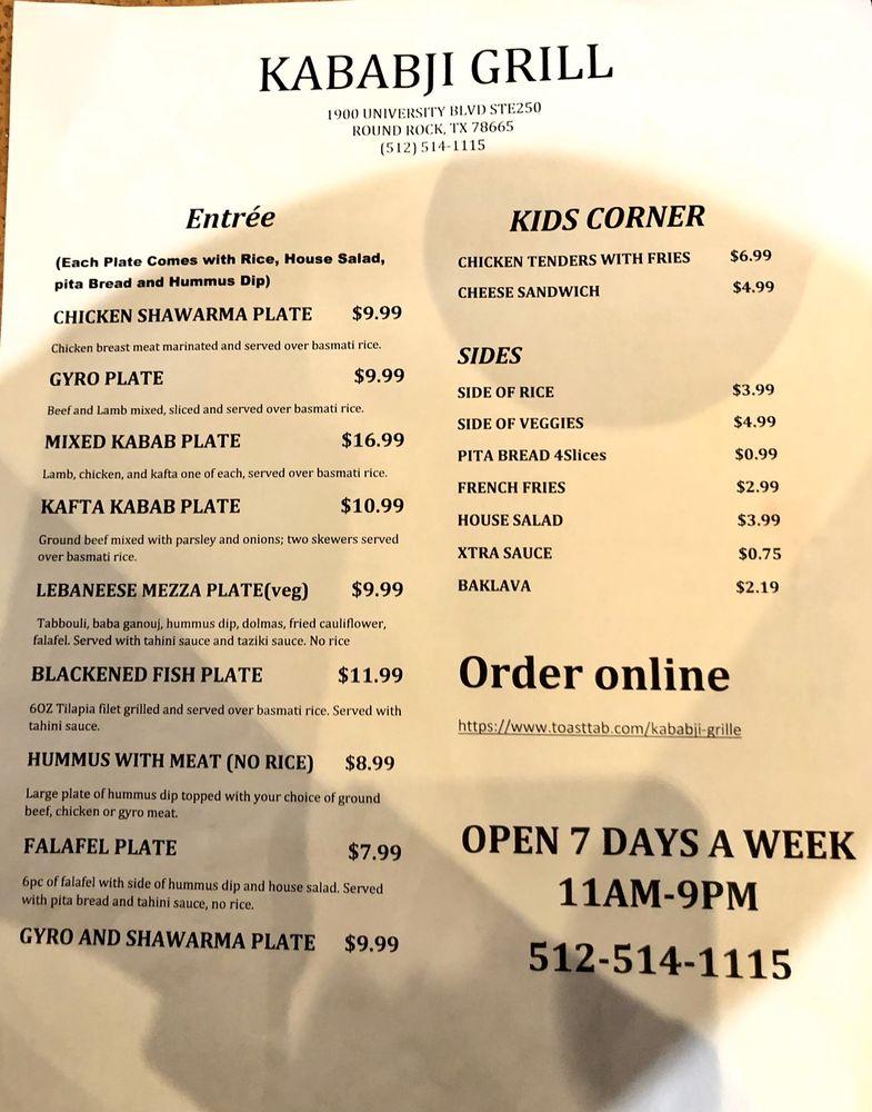 Menu at Kababji Grill restaurant, Round Rock