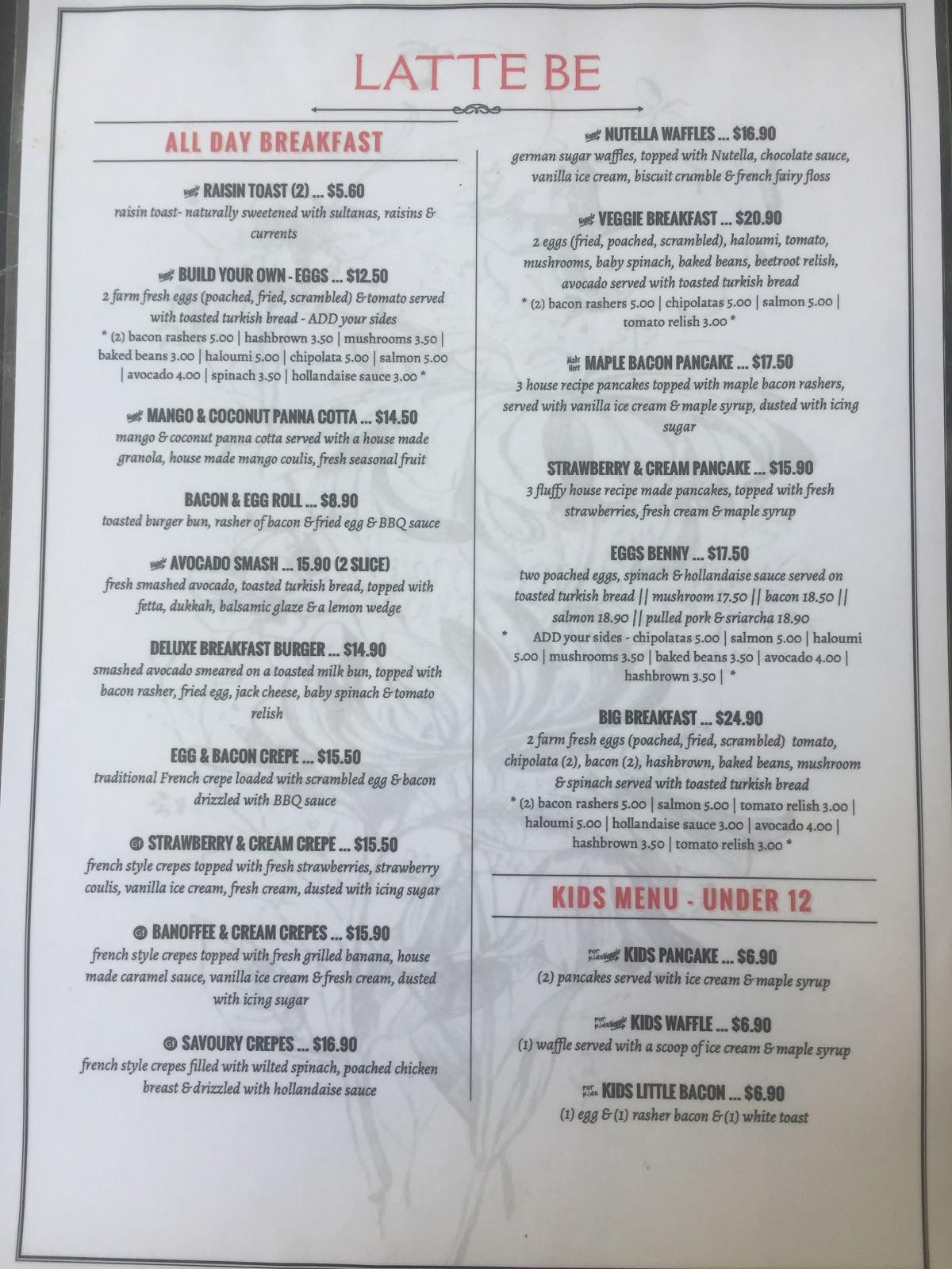 Menu at Latte be cafe, Kallangur