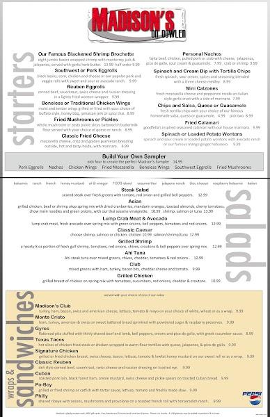 Menu at Madison's pub & bar, Beaumont, Dowlen Rd