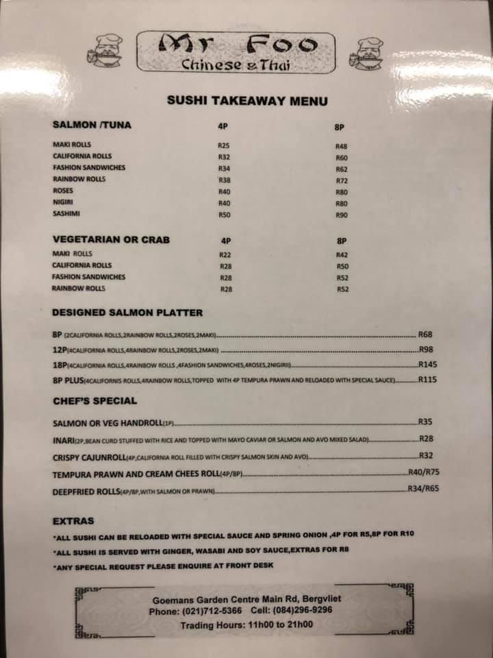 Menu at Mr Foo restaurant, Cape Town, Goemans Garden Centre