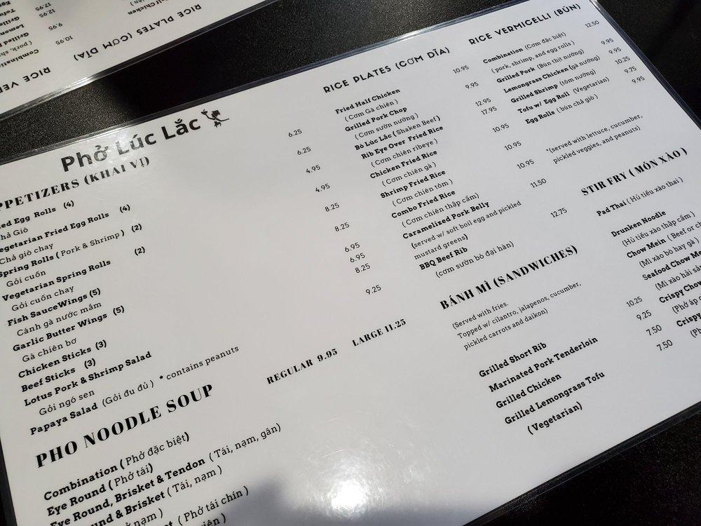 Menu at Pho Luc Lac restaurant, San Jose