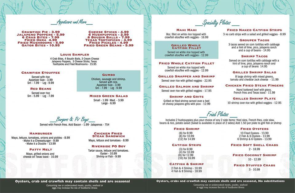 Menu at Riverside Sea Foods restaurant, Two Rivers