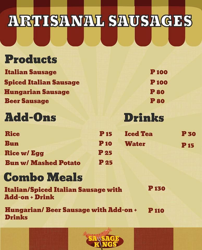 Menu at Sausage Kings restaurant, Manila