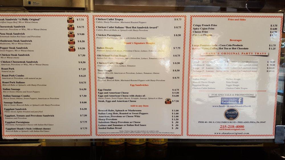 Menu at Shank's Original fast food, Philadelphia, 901 S Christopher ...