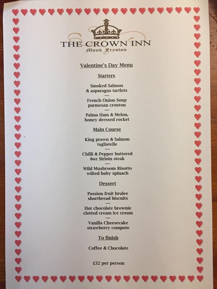 Menu at The Crown Inn, Monk Fryston pub & bar, Sherburn in Elmet