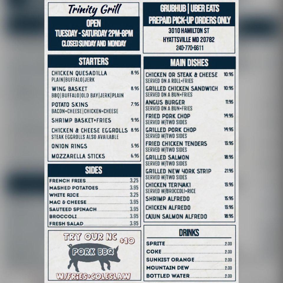 Menu at Trinity Grill & Bar, Hyattsville