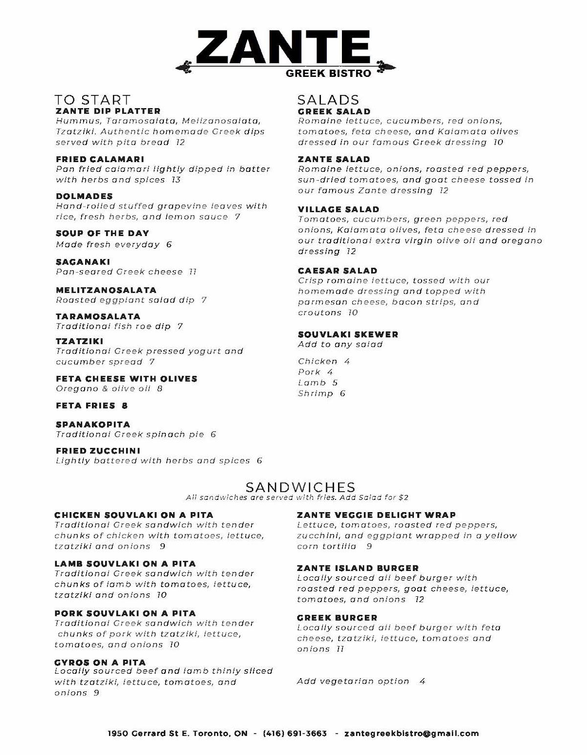 Menu at Zante Greek Bistro restaurant, Toronto