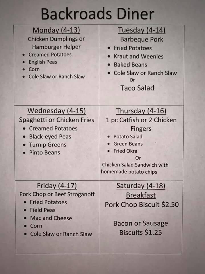 Menu at Backroads Diner BBQ, Arab