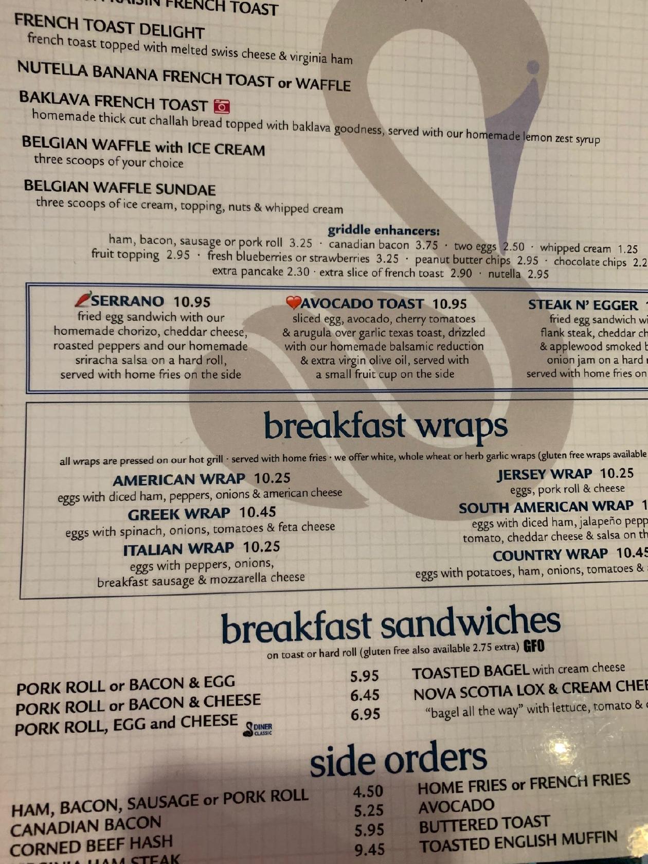 Menu at Blue Swan Diner restaurant, Ocean Township