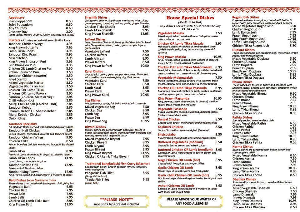 Menu at Bombay Palace restaurant, Chester