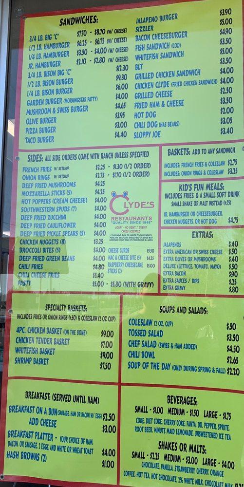 Menu at Clyde's Drive-In fast food, Saint Ignace, 178 US-2