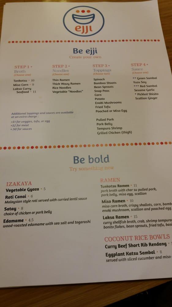 Menu at EJJI Ramen restaurant, Baltimore, 529 E Belvedere Ave