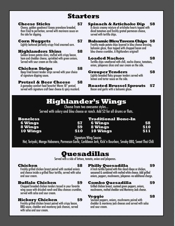 Menu at Highlanders Grill And Tavern pub & bar, Banner Elk