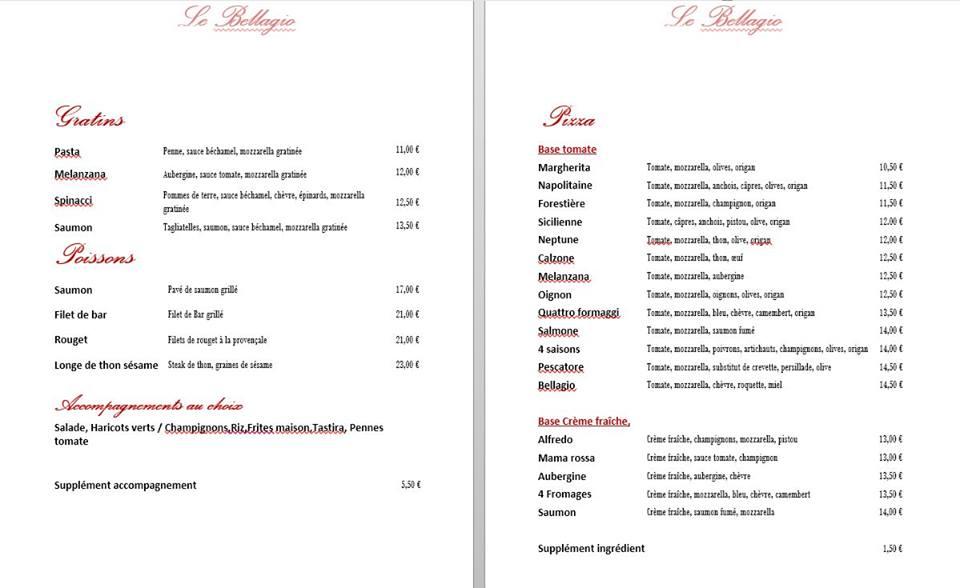 Menu at Le Bellagio restaurant, Boulogne-Billancourt