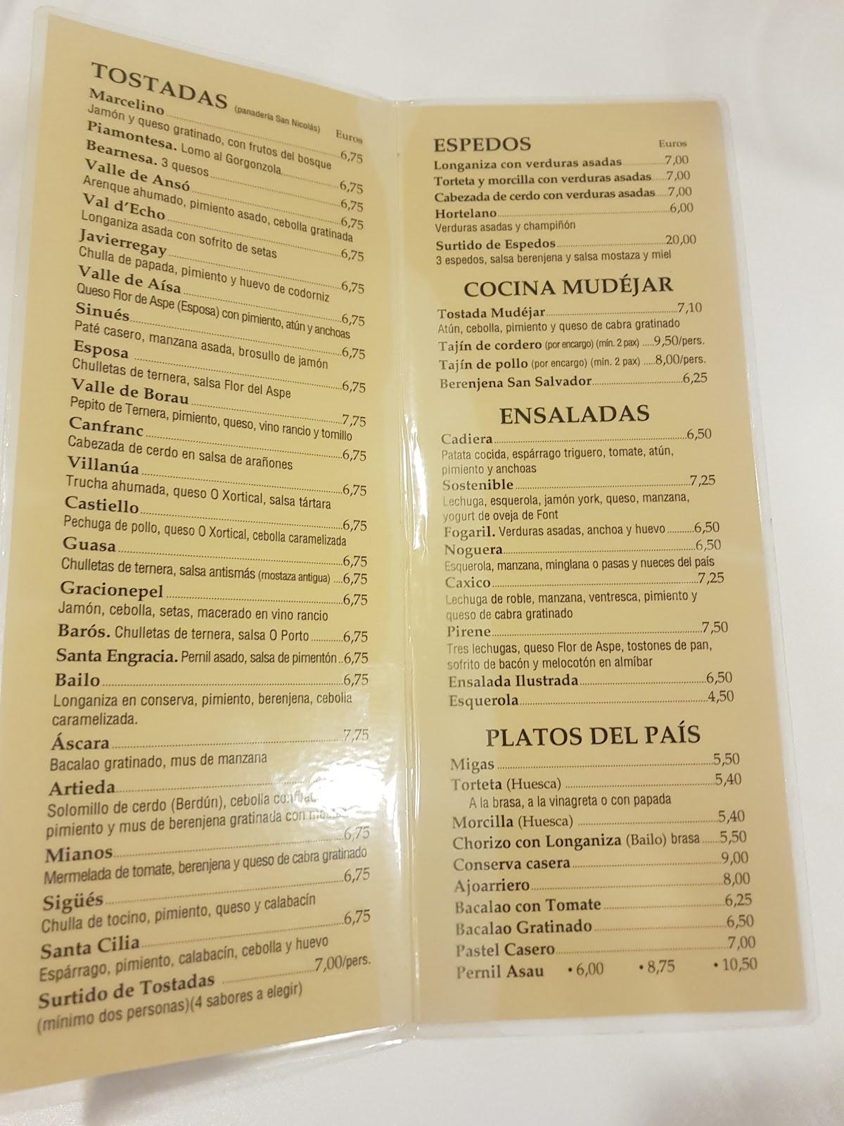 Carta de Restaurante La Cadiera, Jaca