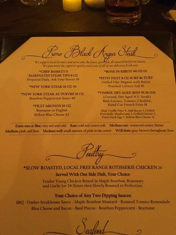 Menu at Timber steakhouse, Portland
