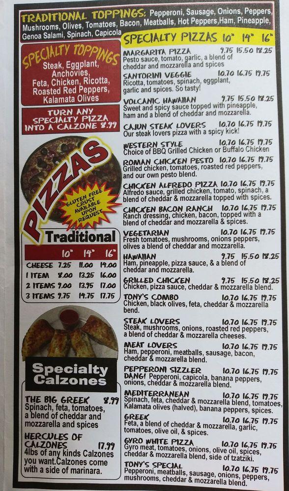 Menu at Tony's Pizza Palace pizzeria, Elgin
