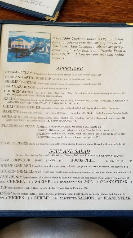 Menu at Tugboat Annie's pub & bar, Olympia