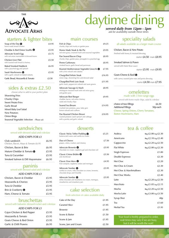 Menu at Advocate Arms Hotel pub & bar, Market Rasen
