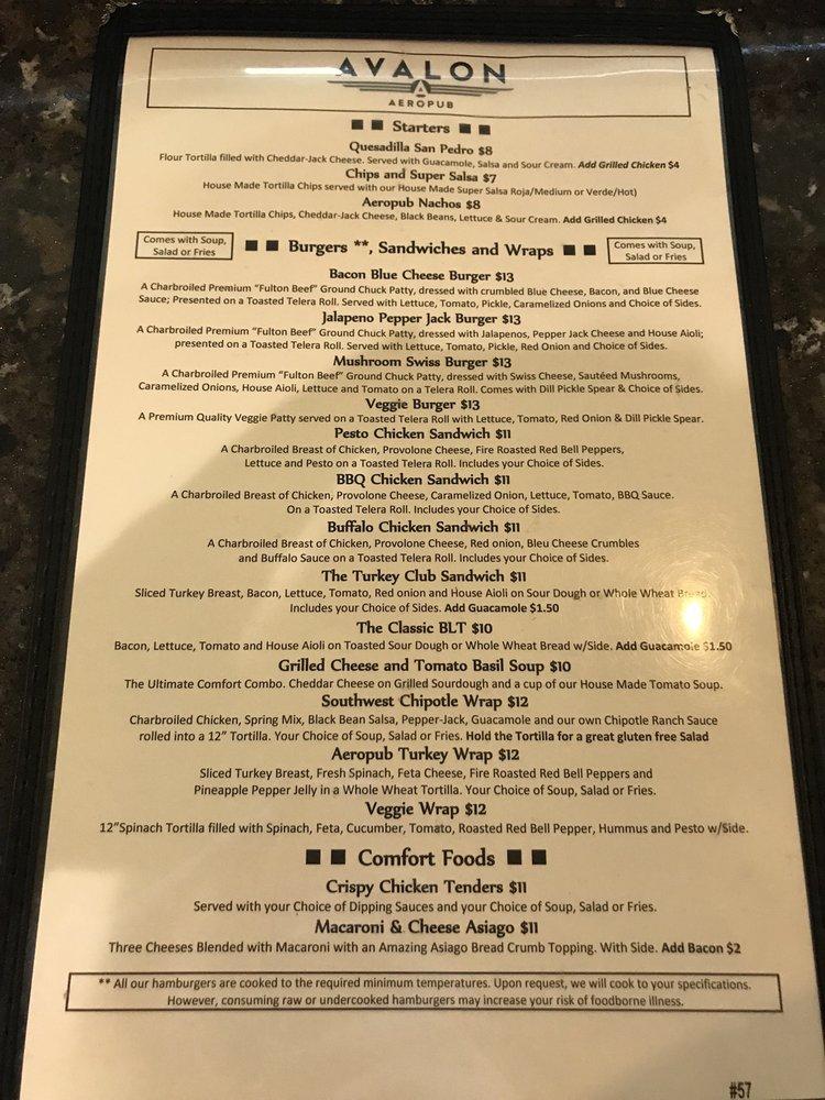 Menu at Avalon pub & bar, Redmond