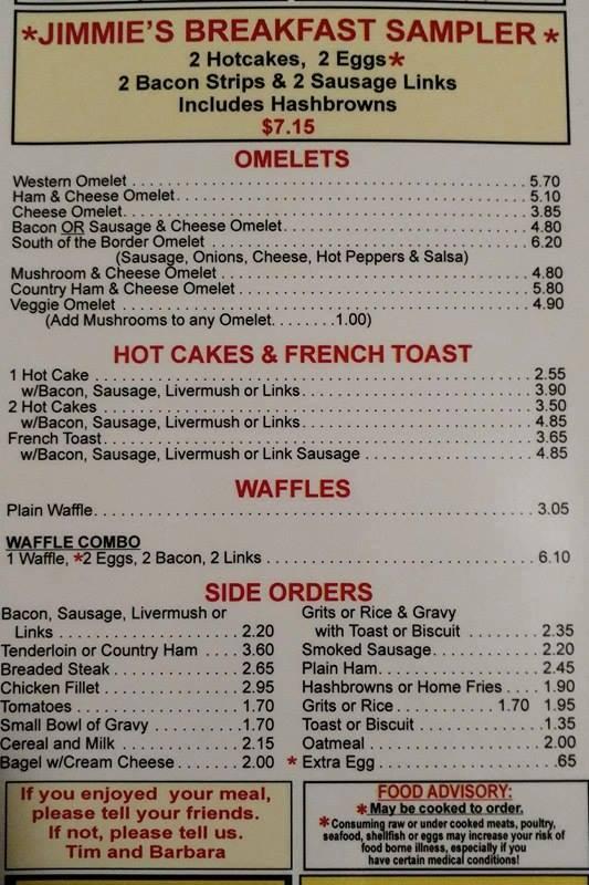 Menu at Jimmie's Restaurant, China Grove