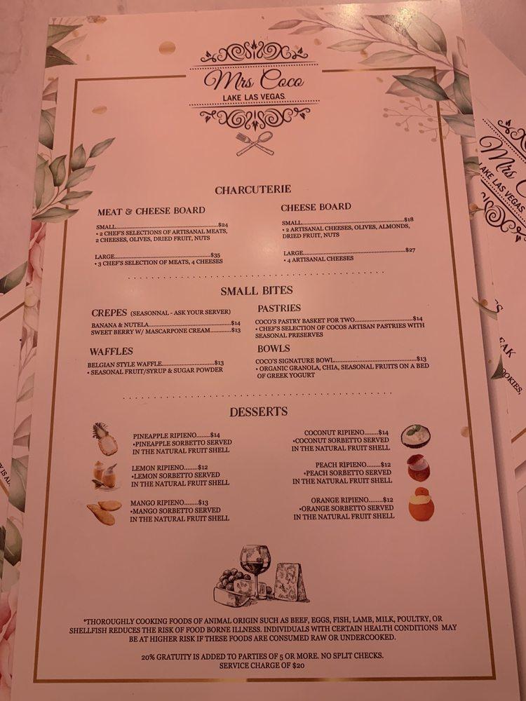 Menu at Mrs Coco cafe, Henderson